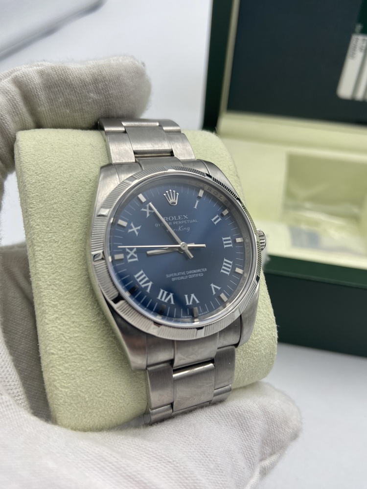 Rolex Air-King 34mm Blue Roman Dial Engine Turned Bezel w/ Box and ...