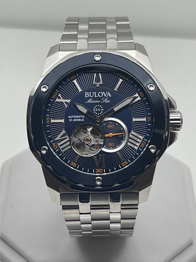 Bulova 98A302 Marine Star, Blue Stainless Steel, Open Heart, Automatic ...